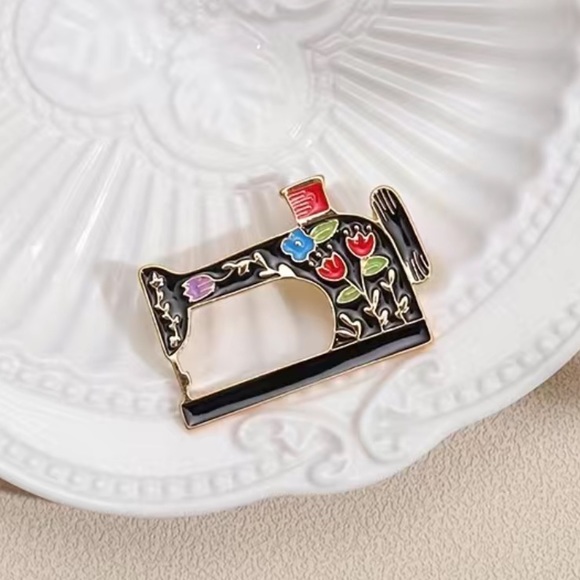 Jewelry | Sewing Machine Broach Pin With Flowers Black Gold Tone | Poshmark